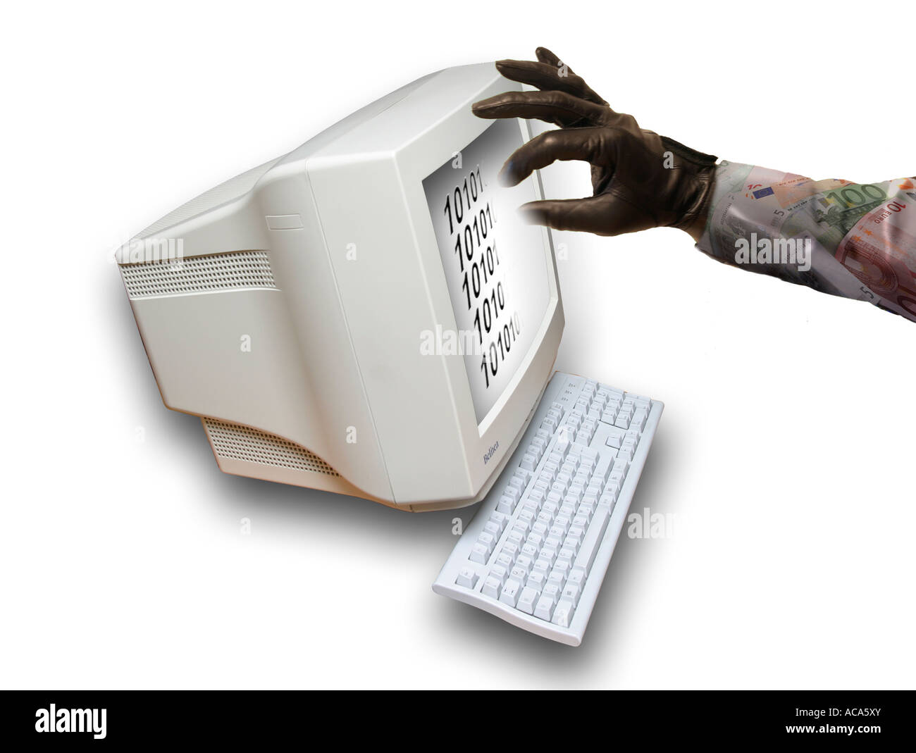 Hand with black glove reaches into a computer Stock Photo - Alamy