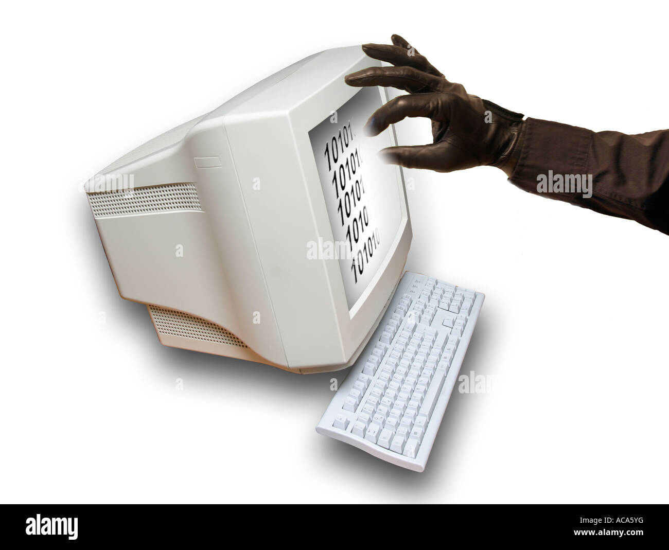 Hand with black glove reaches into a computer Stock Photo - Alamy