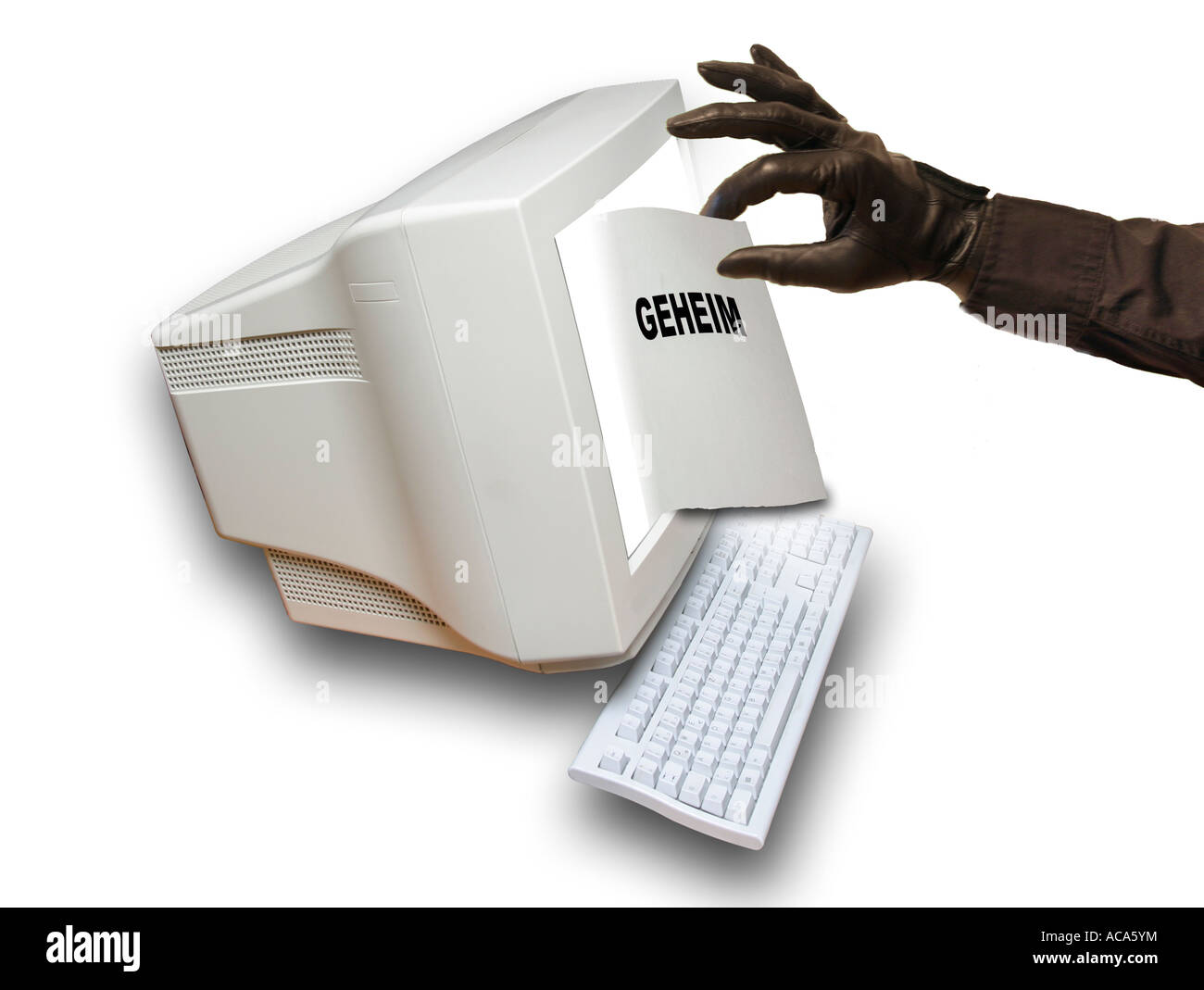 Hand with black glove reaches into a computer Stock Photo - Alamy
