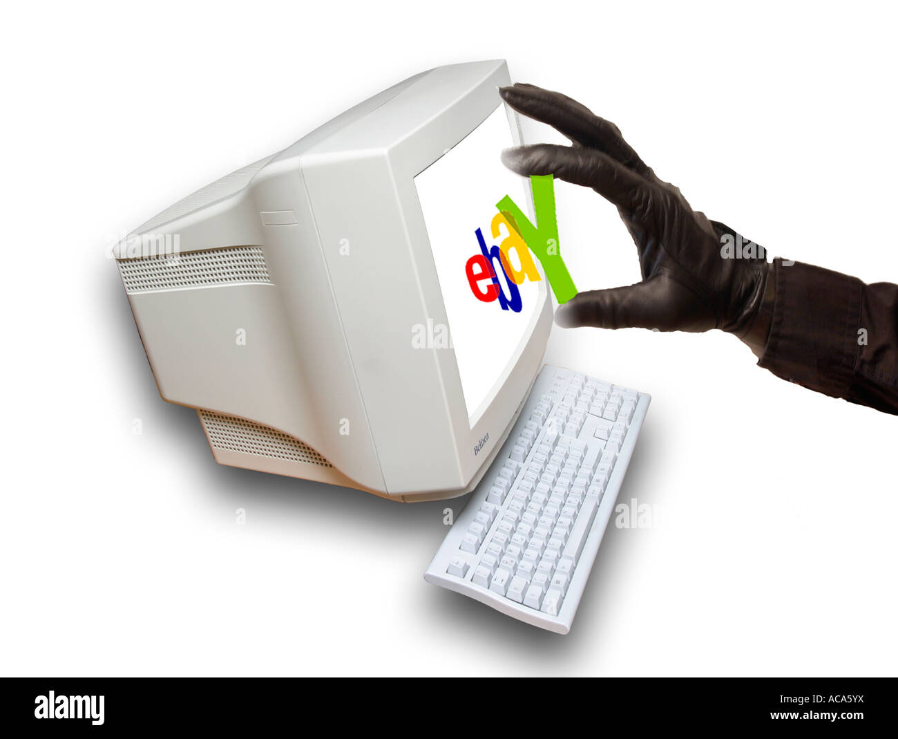 Hand with black glove reaches into a computer Stock Photo - Alamy