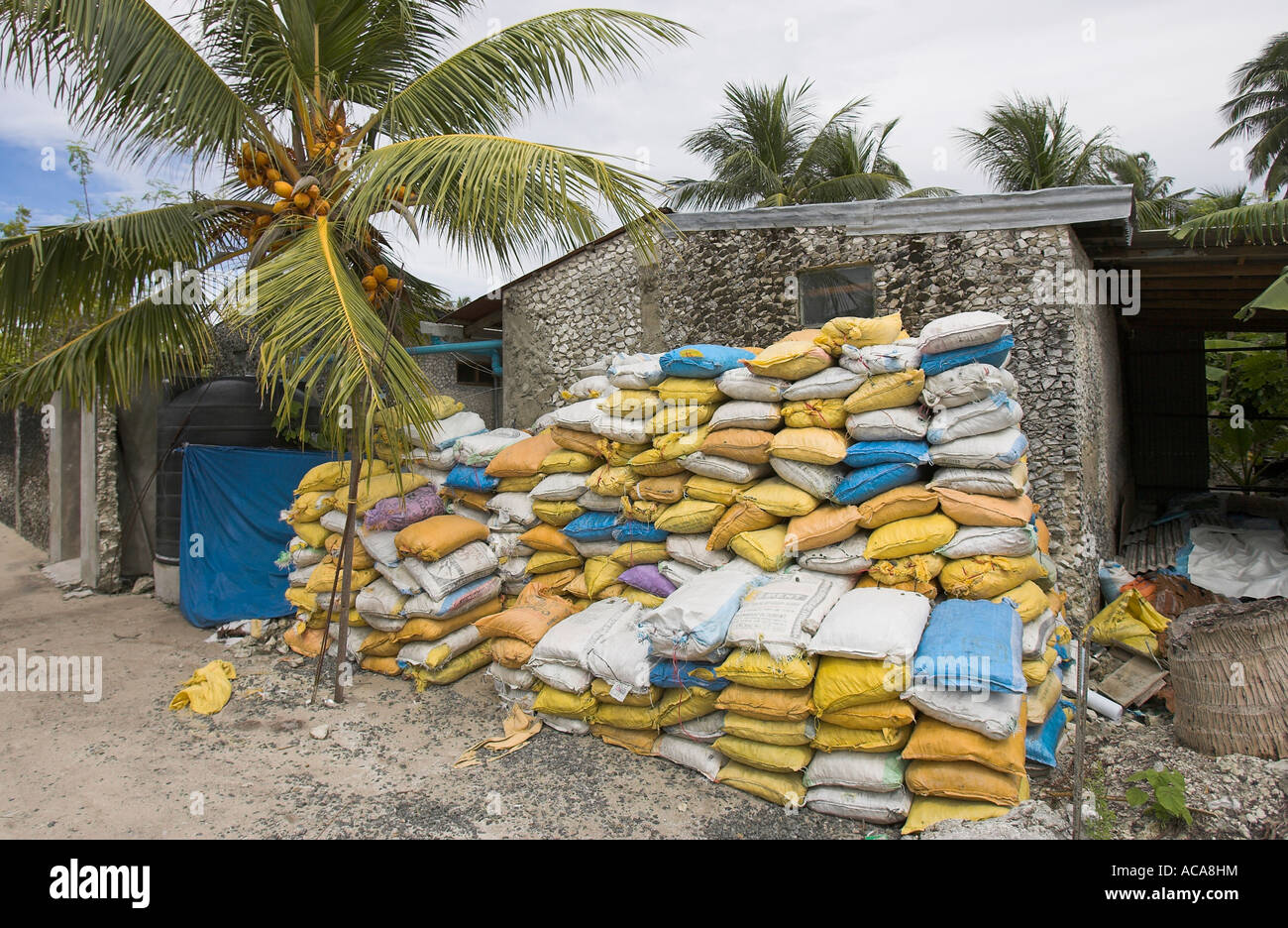 Sand bags on the Maldives island Medu Fushi, damaged by the tsunami ...