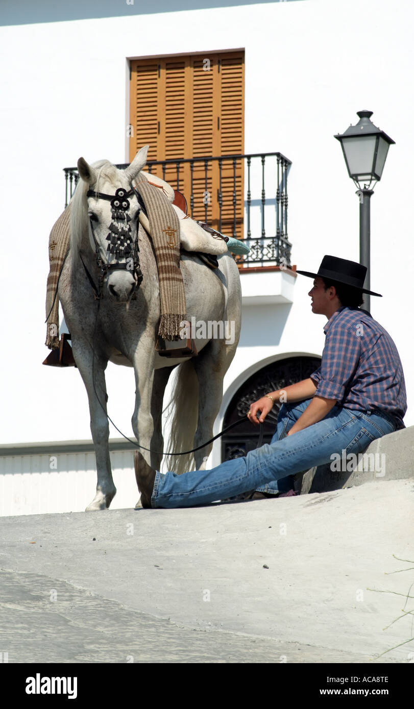 Southern Spain Europe EU. Young man with his horse in the white ...