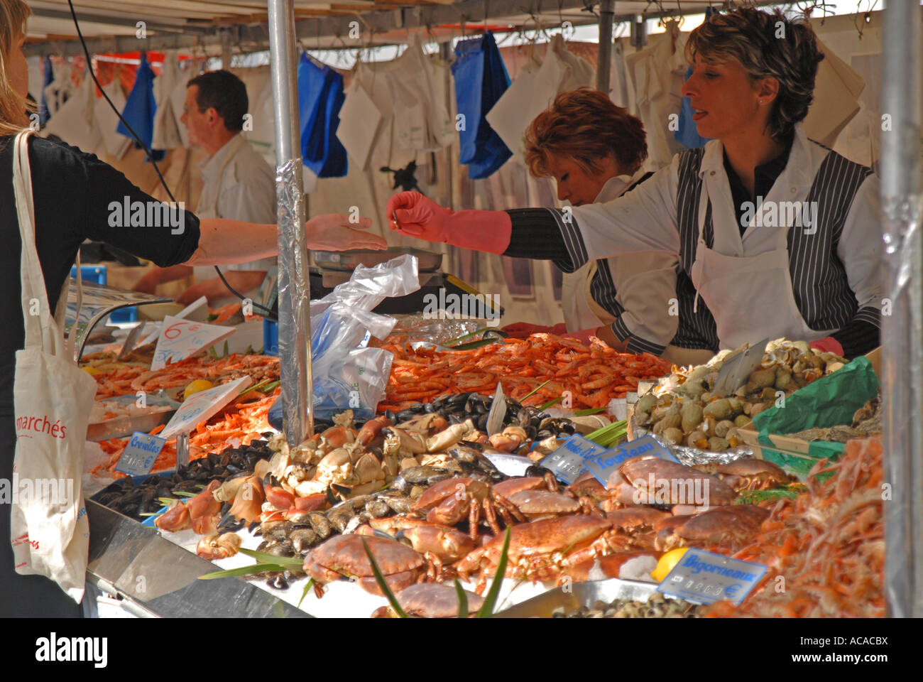 PARIS Seafood stall at the Sunday market on Boulevard Richard Lenoir at ...