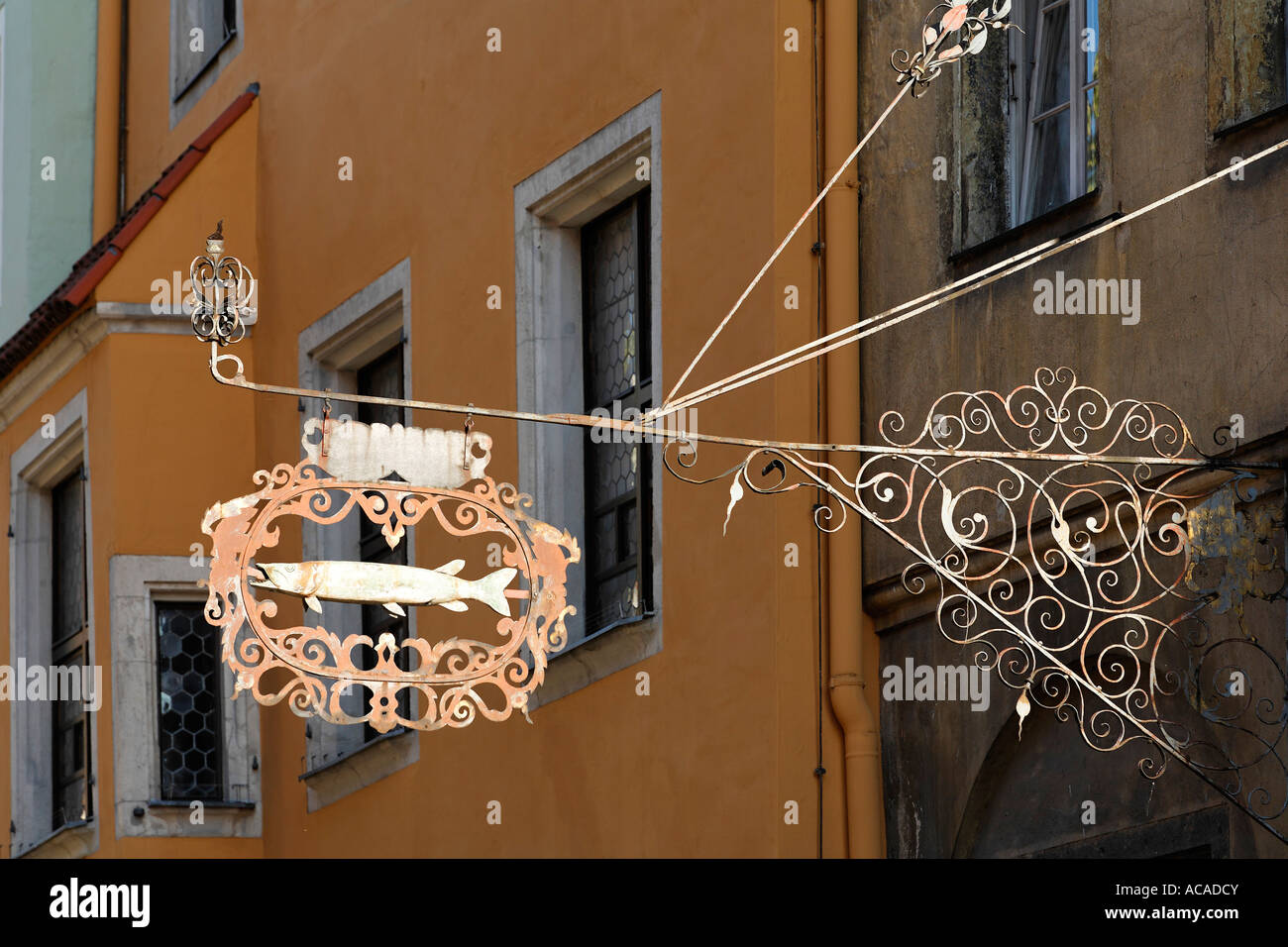 Old inn sign blue luce, Regensburg, Upper Palatinate, Bavaria, Germany ...