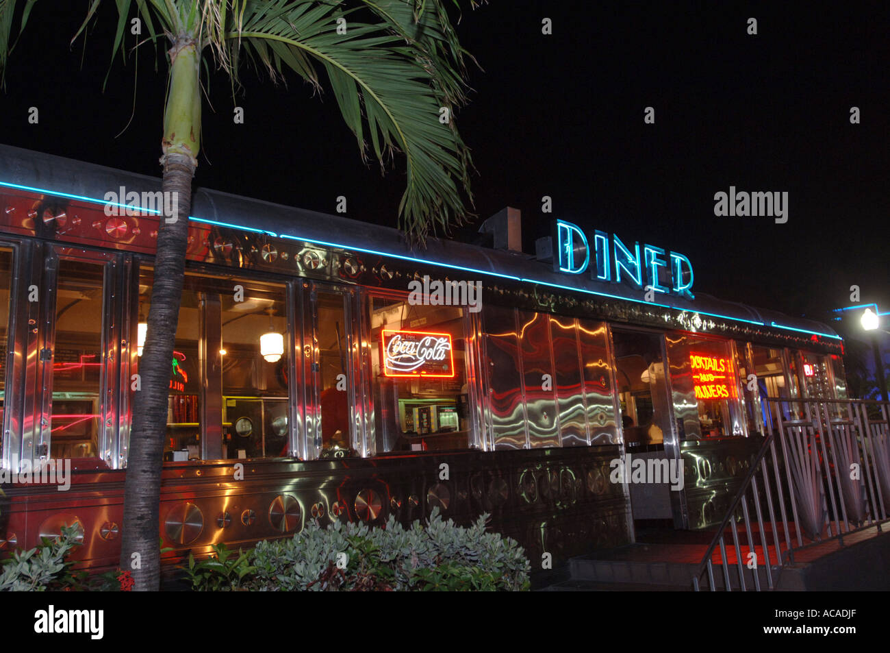 11th Street diner at night, Art Deco area South Beach Miami Florida USA ...