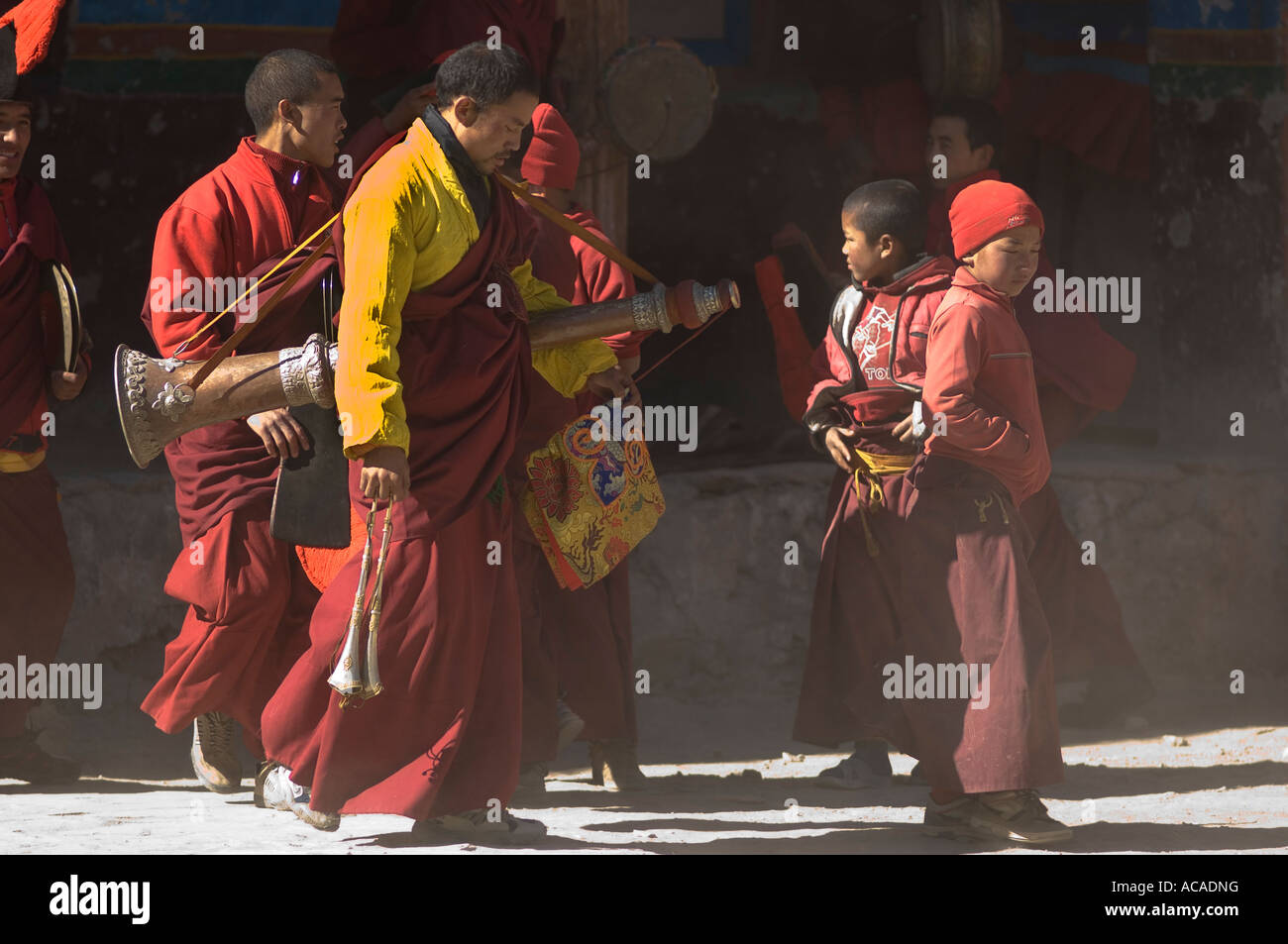 Napalese monks, carrying 'Lawa' (long trumpet) preparing for the final ...