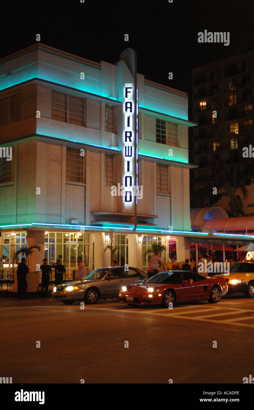 Fairwind Hotel at night Art Deco area South Beach Miami Florida USA ...