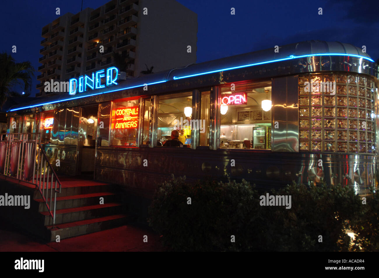 11th Street diner at night, Art Deco area South Beach Miami Florida USA ...