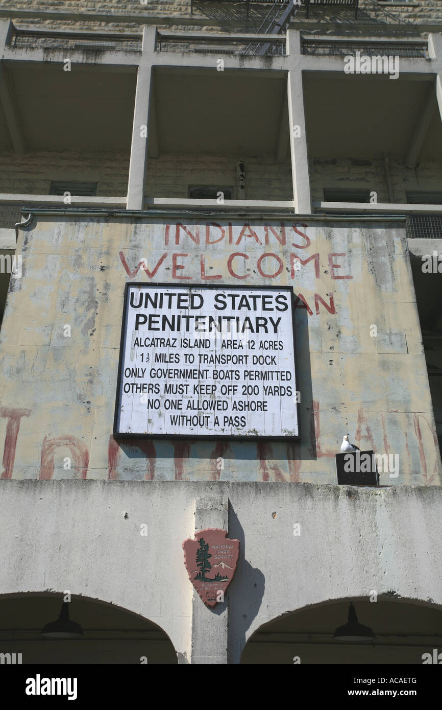 Signs on the former american penitentiary on Alcatraz, San Francisco ...