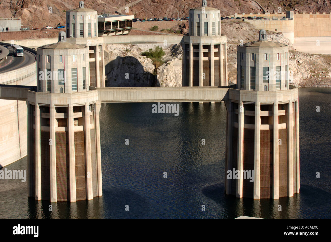 Hoover Dam water inlet towers Colorado River border between Nevada and ...