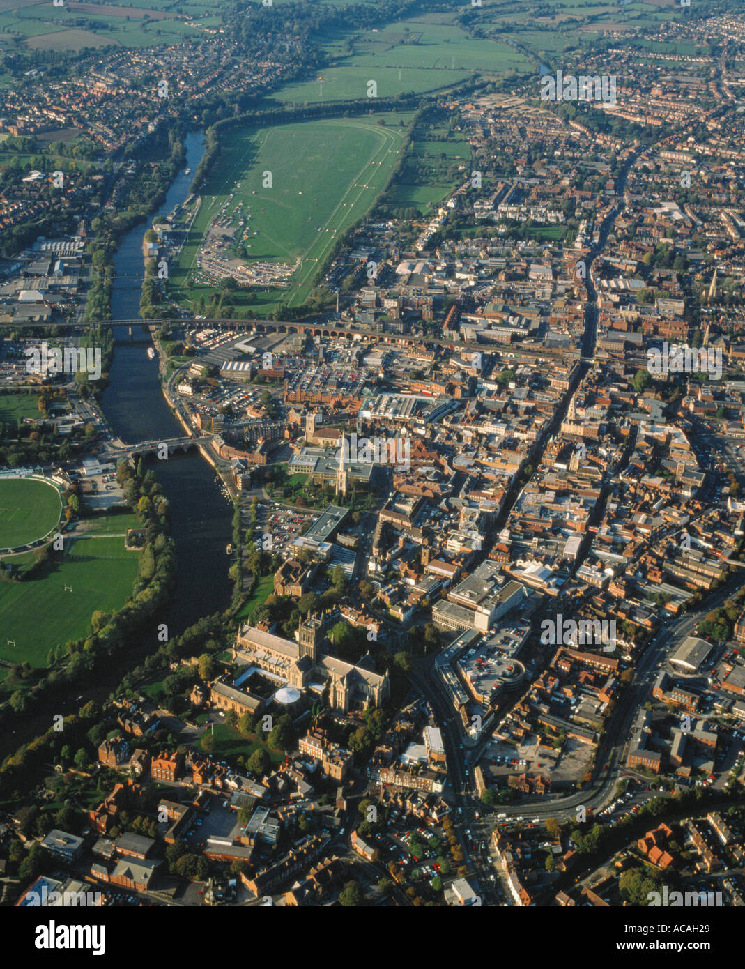 Worcester city centre with River Severn and Cathedral and horse race ...