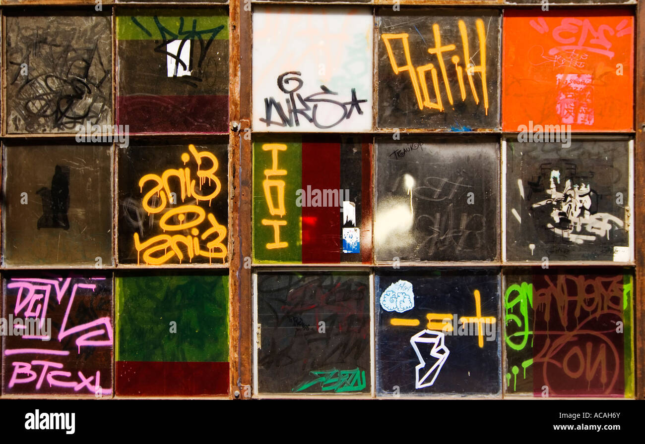 Besmeared windows in a teardown house, East Berlin, Germany Stock Photo ...