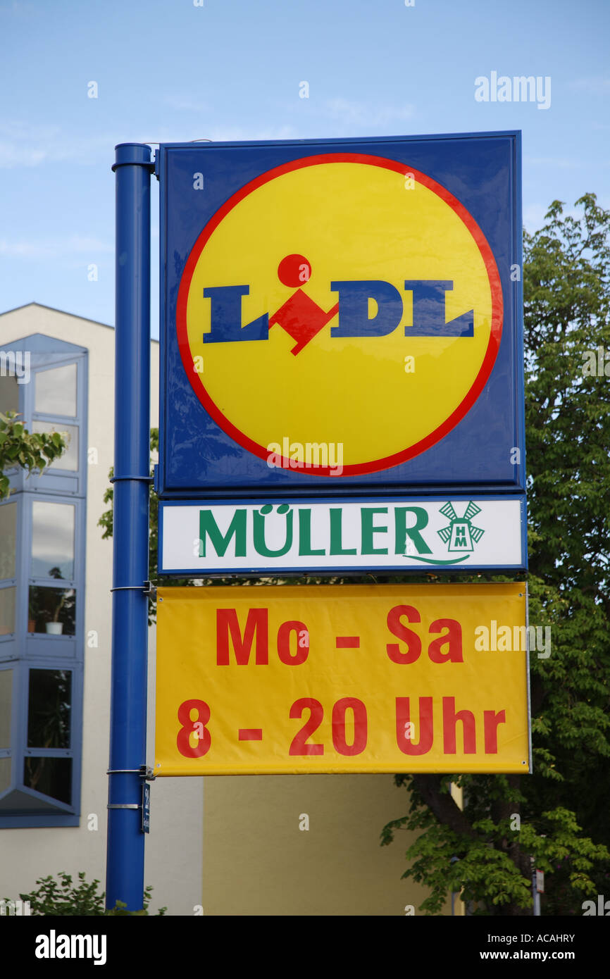 Company signs of German food trade discounter Lidl and bakery chain ...