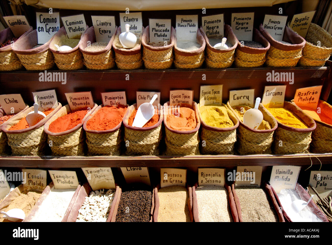 Sales stall with open spices. Spain Stock Photo - Alamy