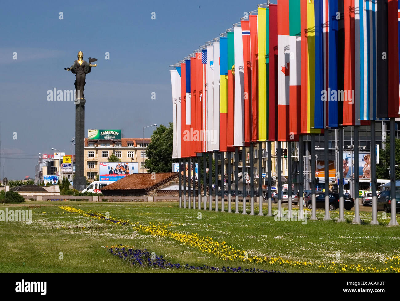 Sofia statue and Nato flags in front of government building, city ...