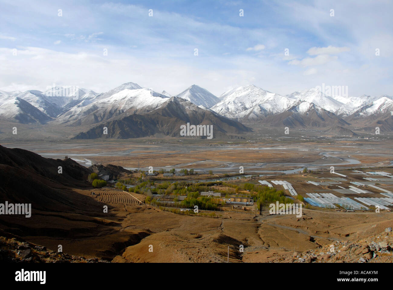 Wide river valley of Lhasa River Kyi Chu with snow covered mountains ...