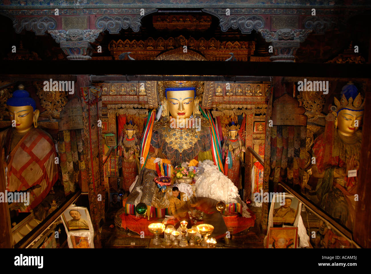 Tibetan Buddhism monk in front of Buddha Shakyamuni in assembly hall ...
