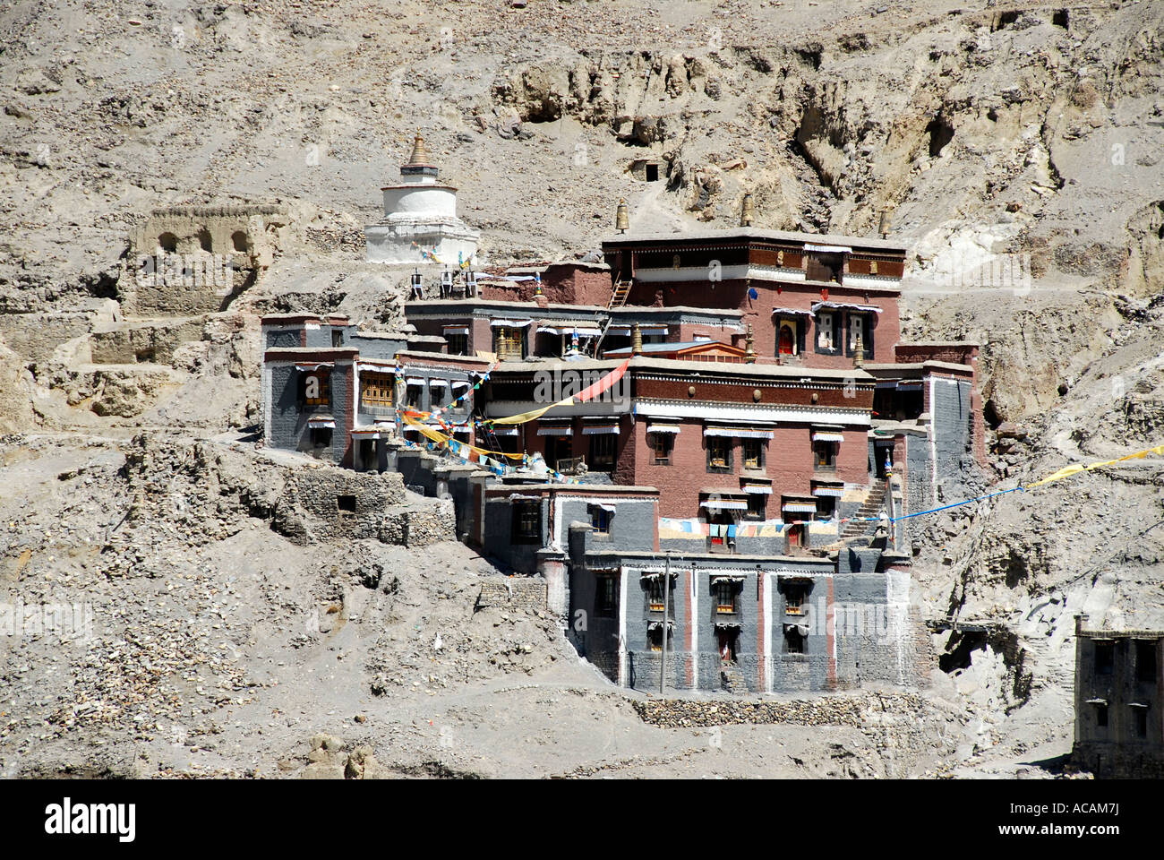 Tibetan Buddhism side buildung with grey and dark red painted walls ...