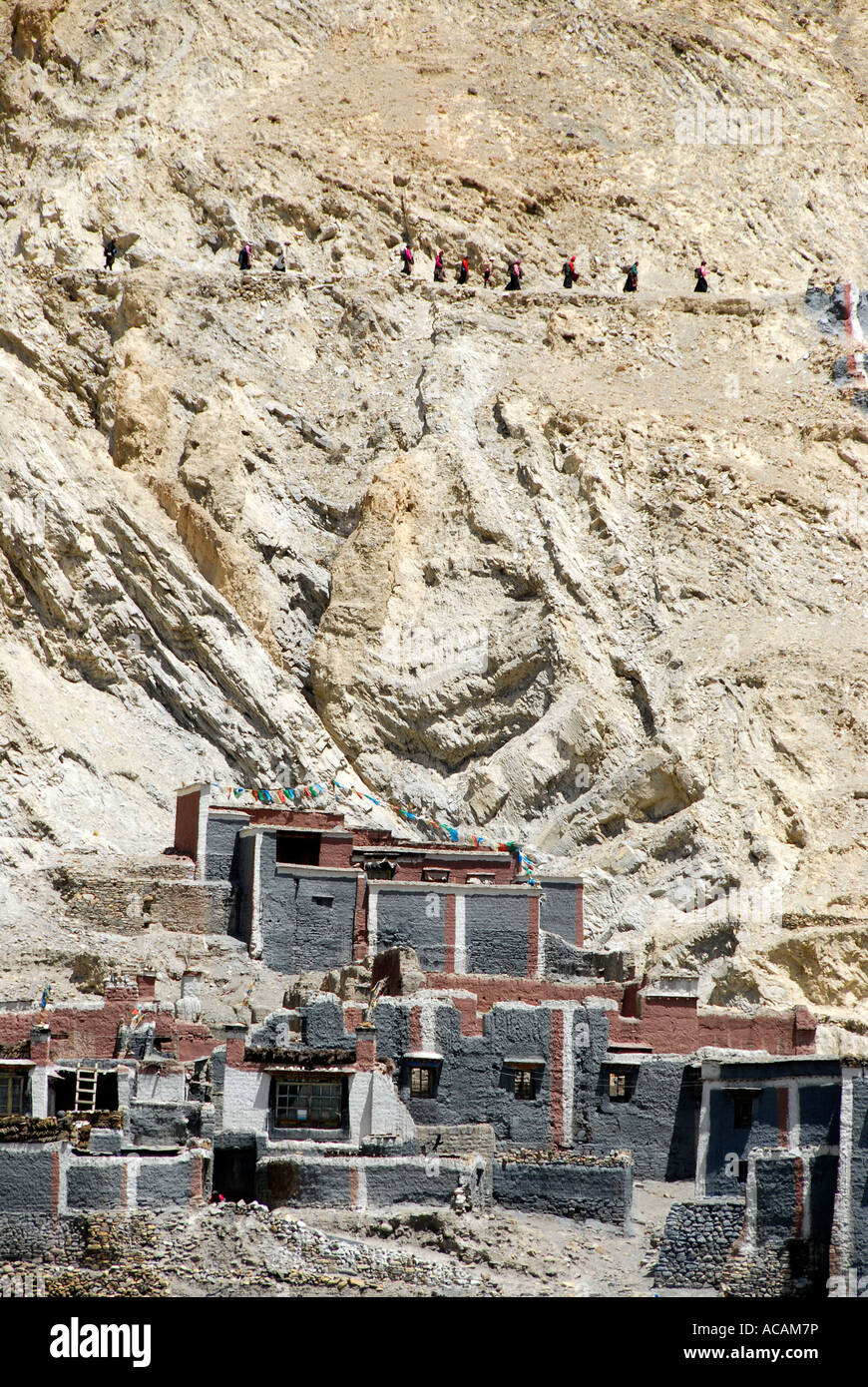 Tibetan buddhism pilgrims on the kora above pivate houses with grey and ...