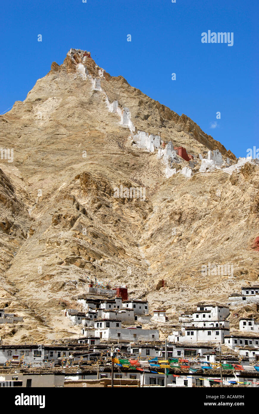 Old fortress dzong on the mountain with traditional village Shegar ...