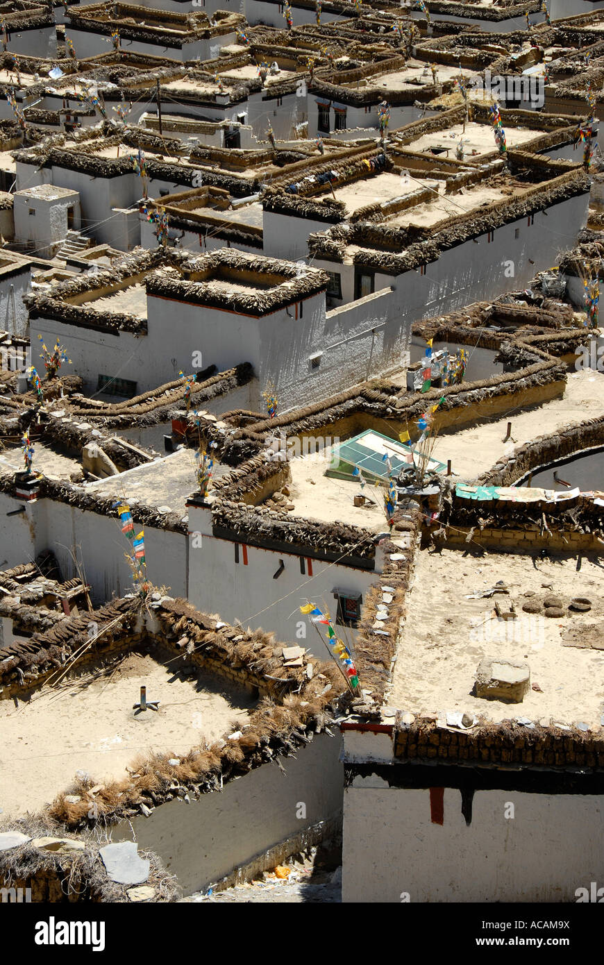 View from above on roofs of traditional houses in village Shegar Tibet ...