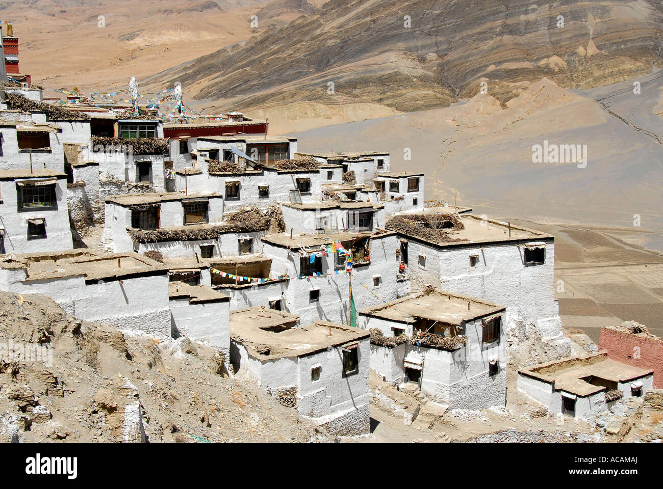Monastery Shegar with white washed walls situated at the slope Tibet ...