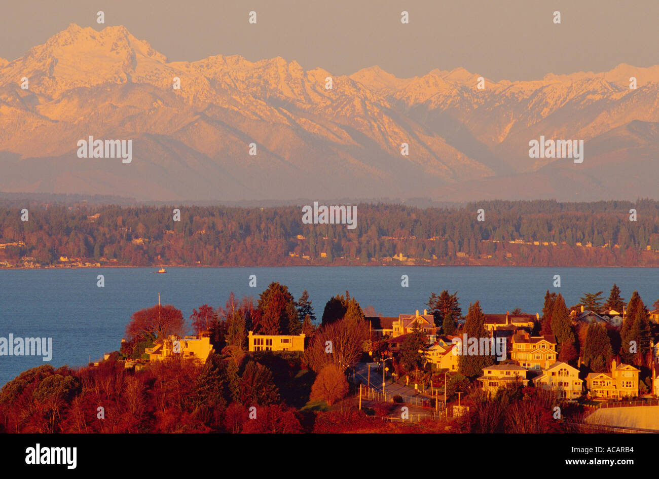 Olympic mountains Puget Sound and Magnolia residential area of Seattle ...