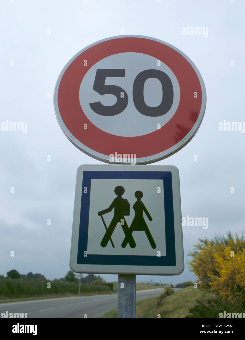 Speed limit sign, pedestrians; 50 km per hour sign, Bretagne (Brittany ...
