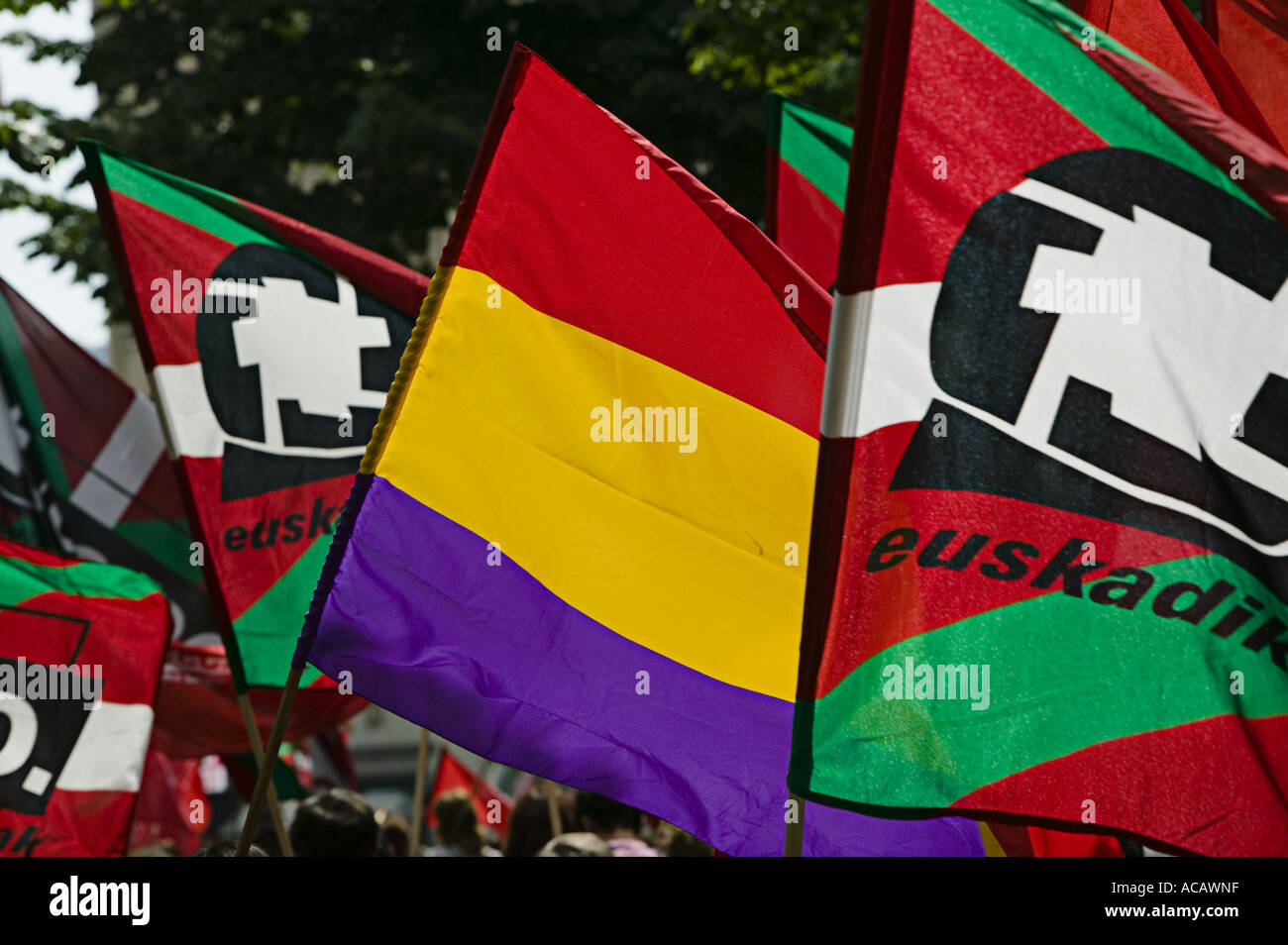 Various flags during political demonstration in central Bilbao, Pais ...