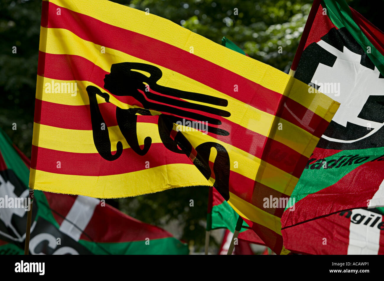 Various flags during political demonstration in central Bilbao, Pais ...