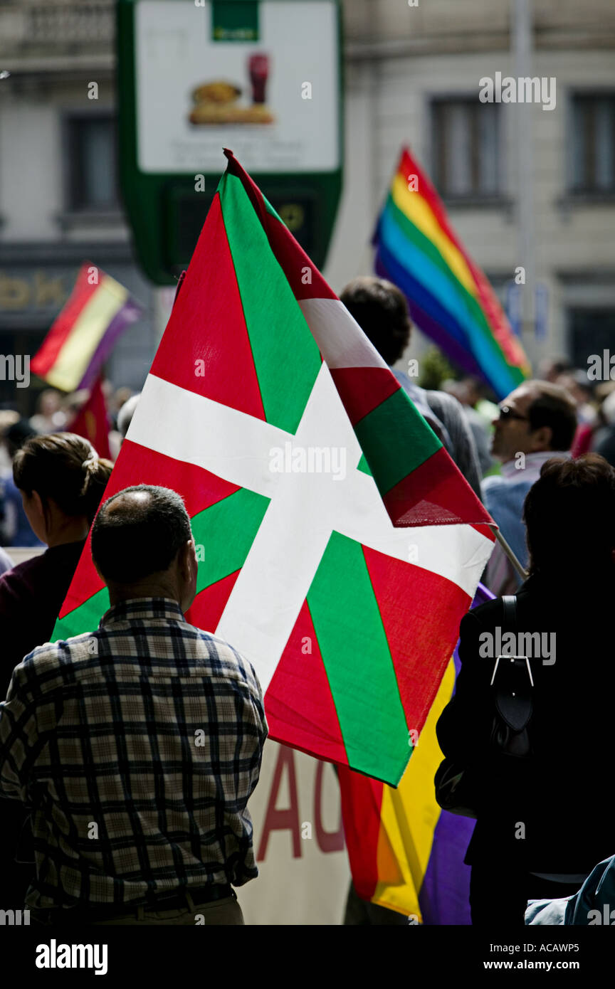 Basque national flag the Ikurrina backlit during political ...