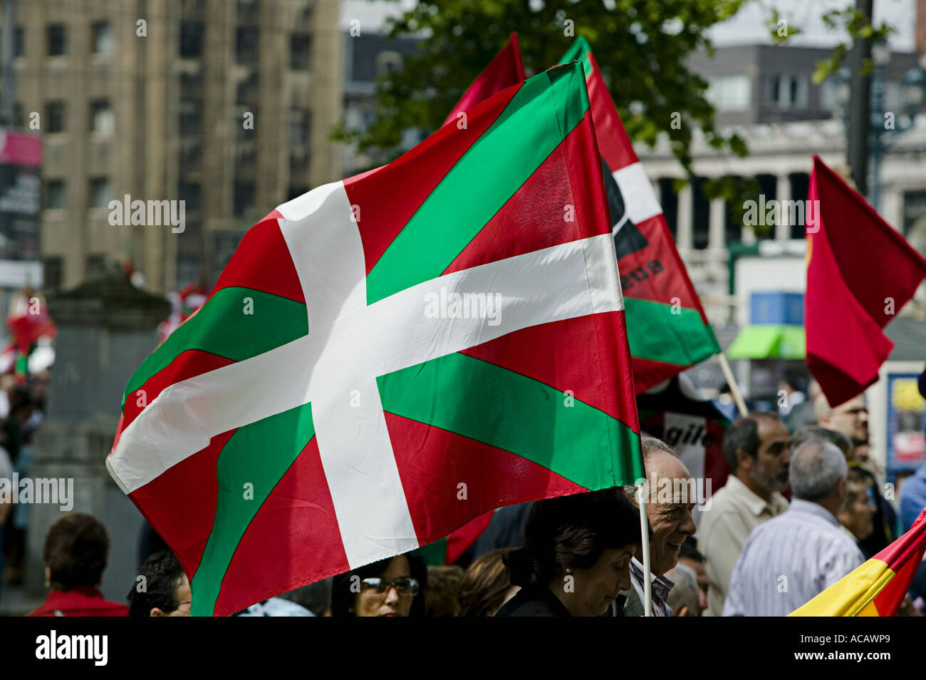 Basque national flag the Ikurrina during political demonstration in ...