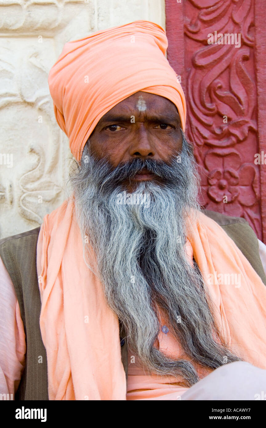 Close up portrait of a Sadhu with a long grey beard and bindi mark ...
