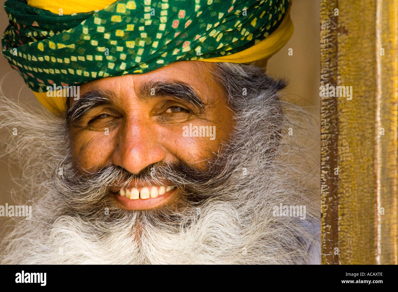 Portrait of a smiling turbaned elderly Indian man with a grey bushy ...