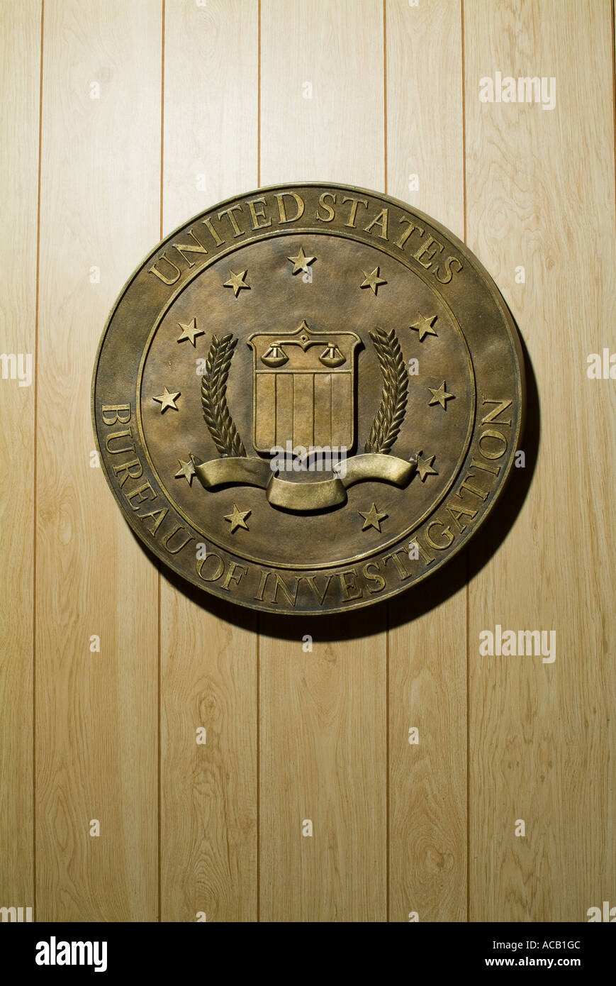 United States Federal Bureau of Investigation plaque on wood panel wall ...
