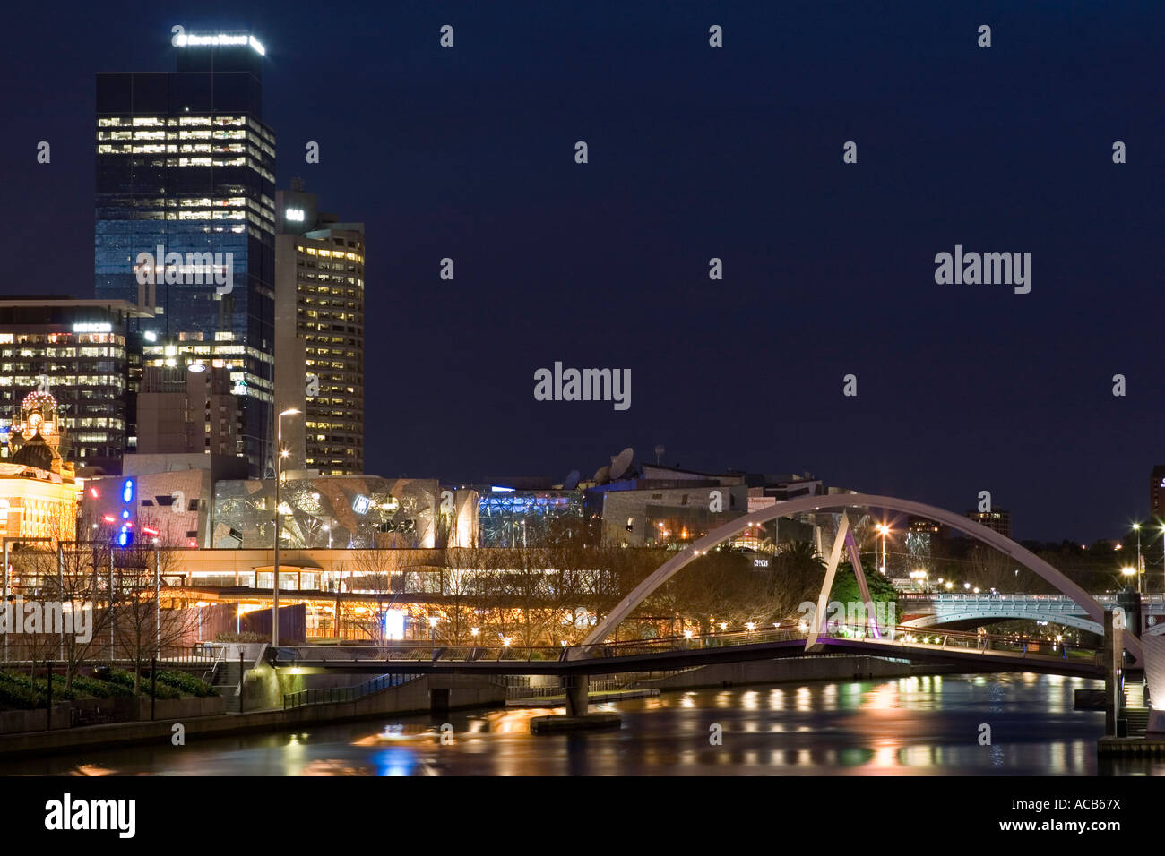 Federation square and the melbourne skyline at night hi-res stock ...