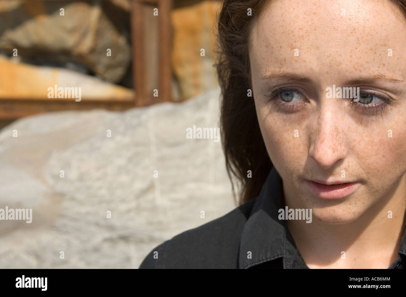 freckled faced young woman looking anxious nervous worried concerned ...