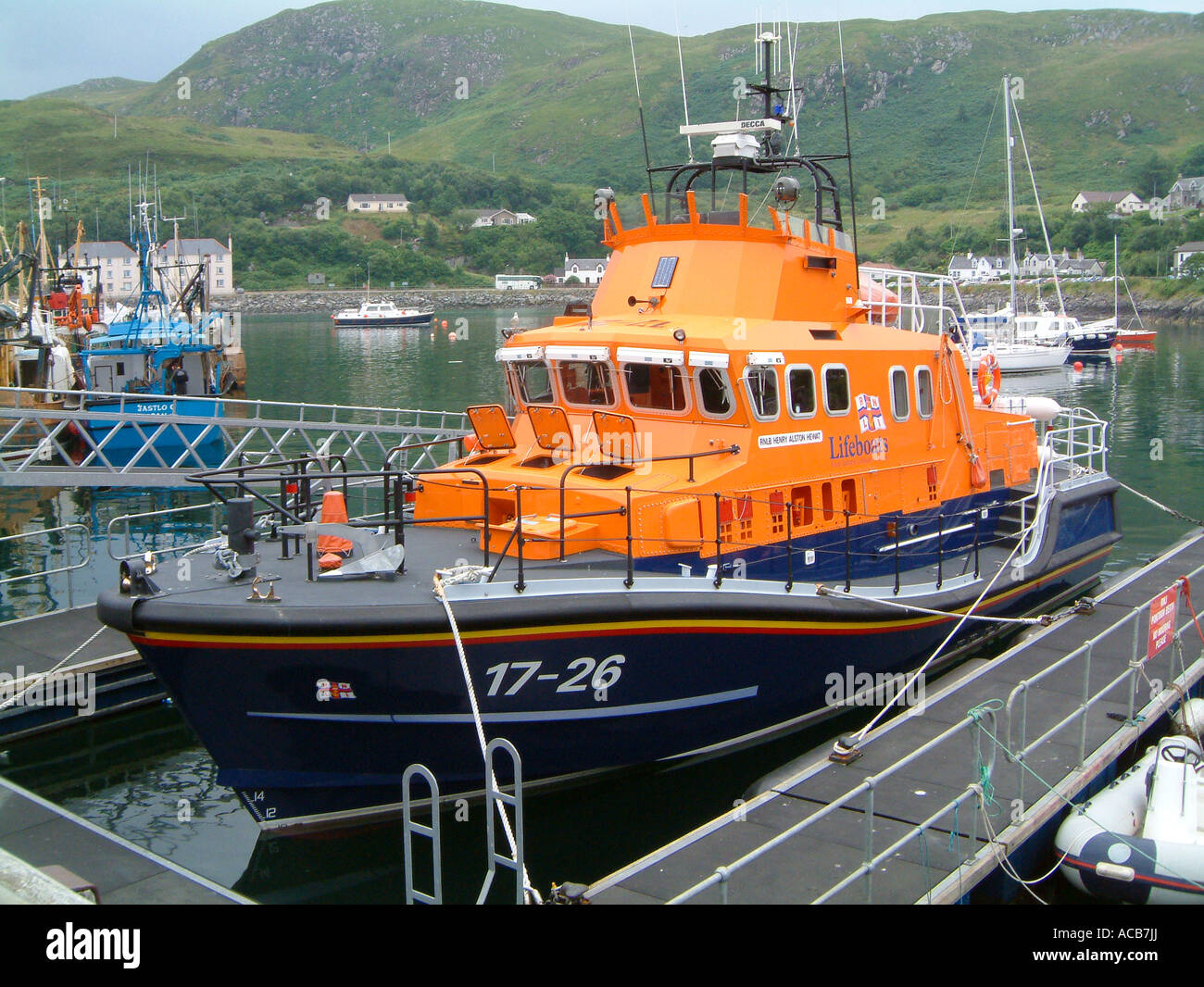 The RNLI Lifeboat "Henry Alston Hewat" moored in Mallaig harbour ...