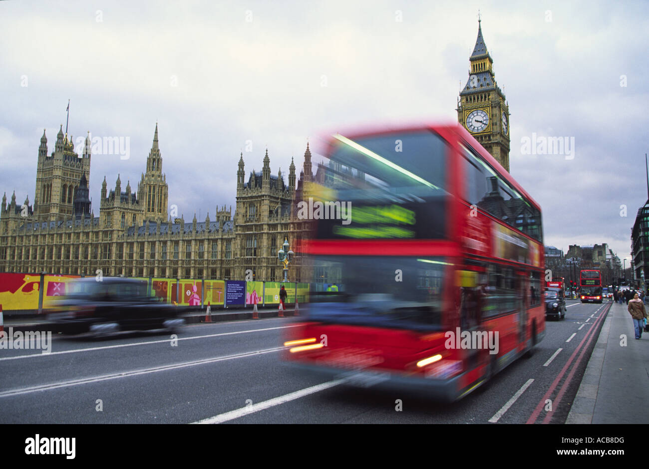 Moving red bus on Westminster Bridge, London, England, UK Stock Photo ...