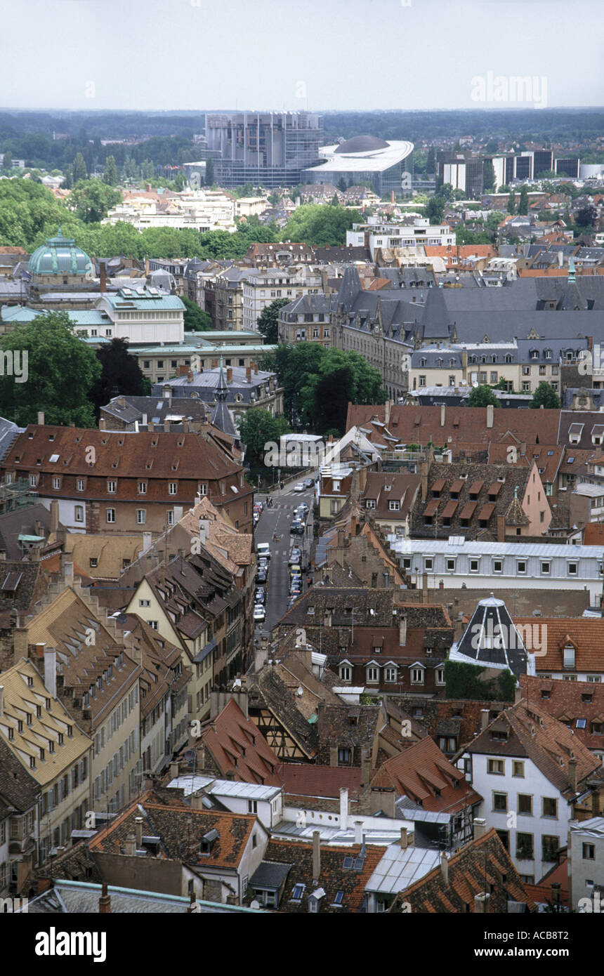Strasbourg rooftops and european parliament buildings from cathedral ...