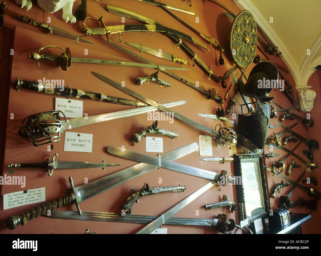 Abbotsford, interior, sword collection on wall, Scottish Borders Region ...