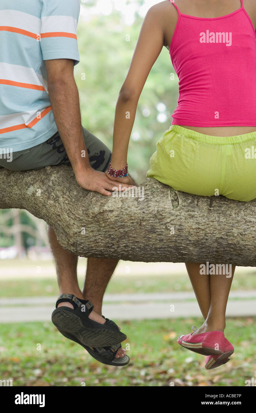 Low section view of two people sitting on the branch of a tree Stock ...