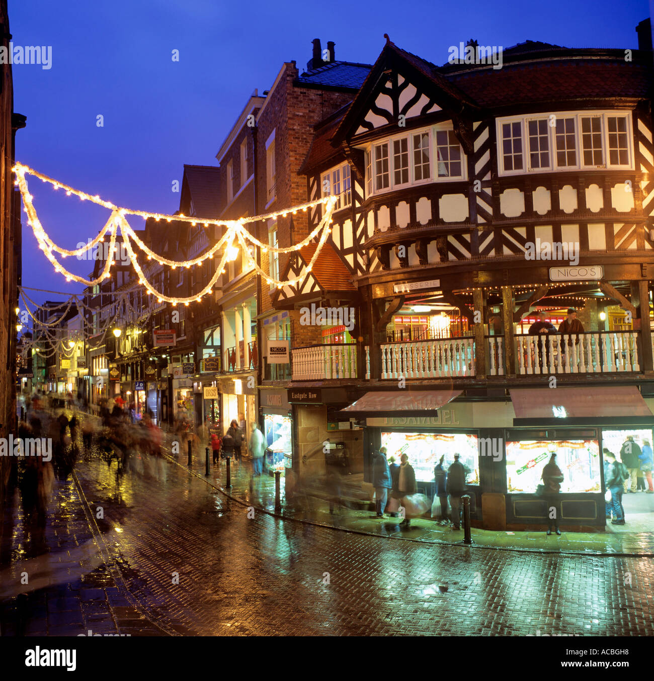 christmas illumination in shopping street at evening city of chester ...