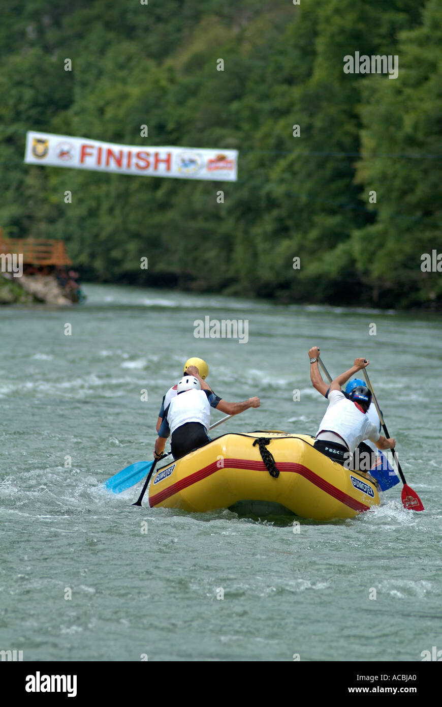 Rafting Teams Racing to the Finish Line of a Head to Head Raft Race ...