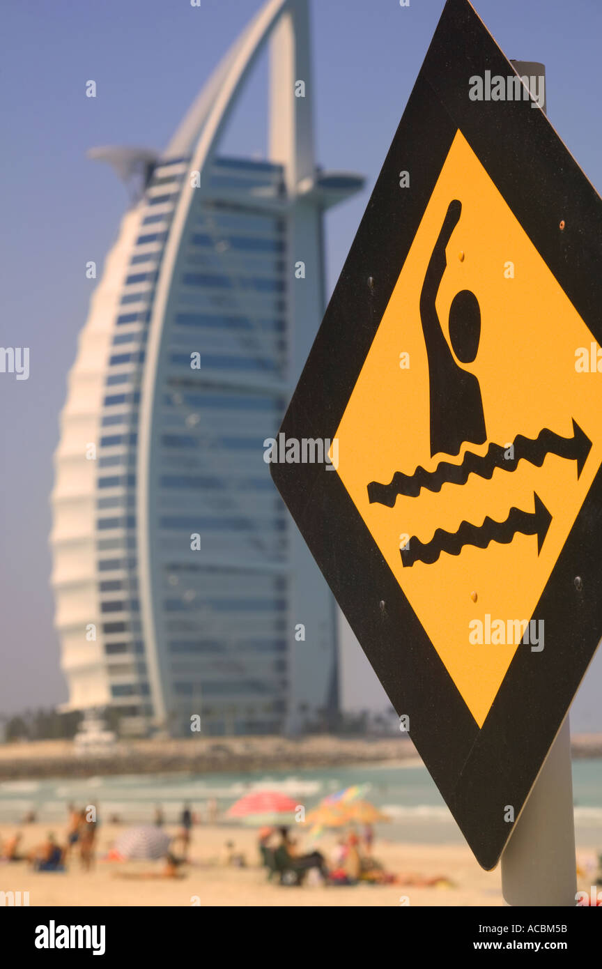 Warning sign for bathers on Umm Suqeim Public Beach in Dubai with the ...