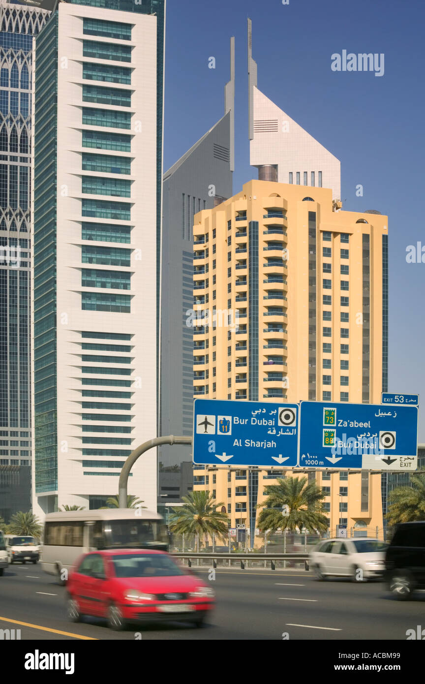 Sheikh Zayed Road in Dubai with Emirates Towers rising behind Stock ...