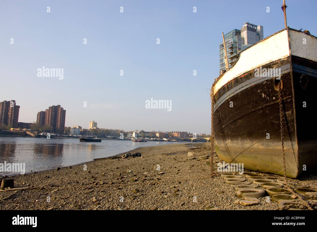 River Thames at Battersea, old barge and the Worlds End Estate in ...