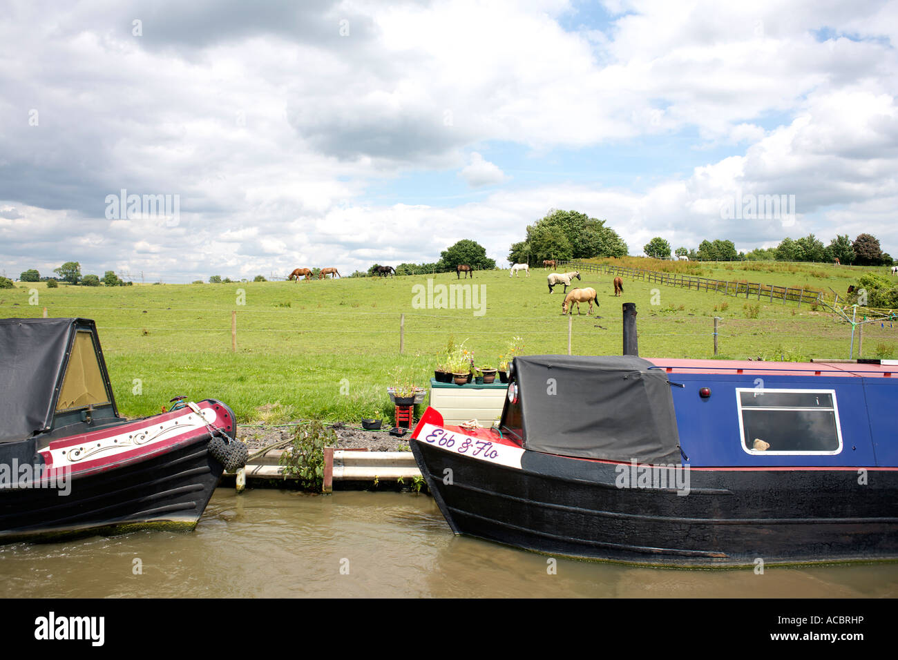 Narrowboat and horses on the North Oxford Canal near Ansty Warwickshire ...
