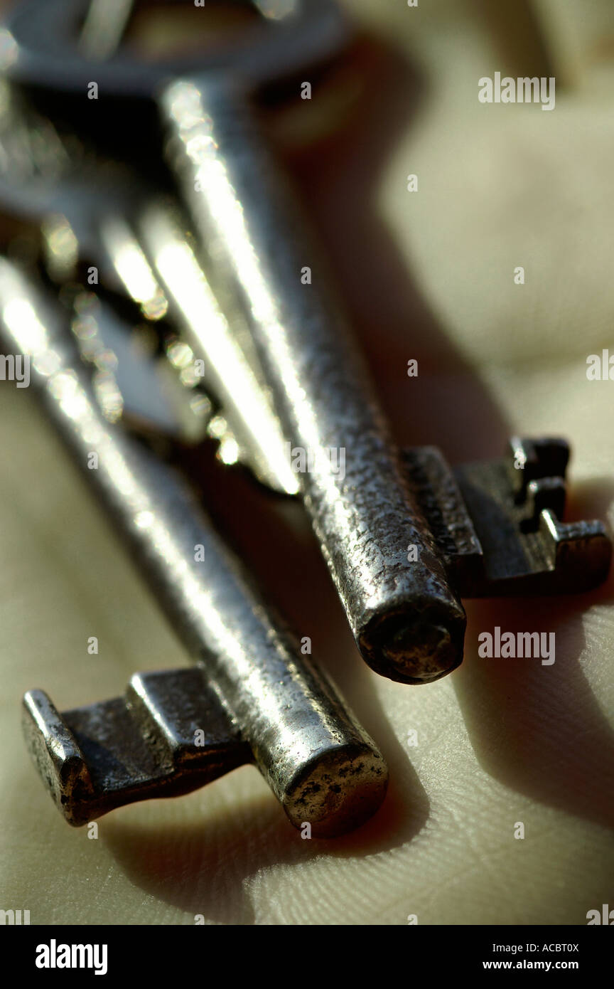 Old handmade metal keys in human palm Stock Photo - Alamy
