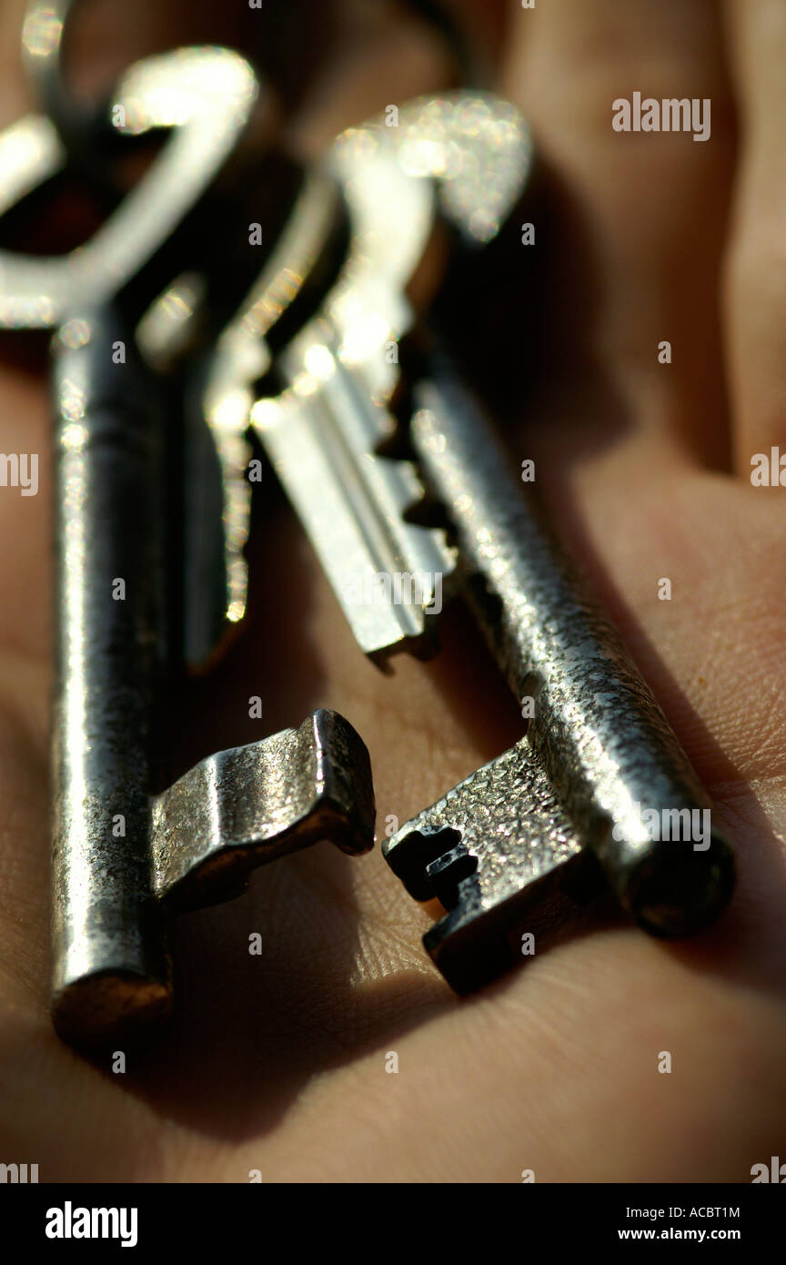 Old handmade metal keys in human palm Stock Photo - Alamy